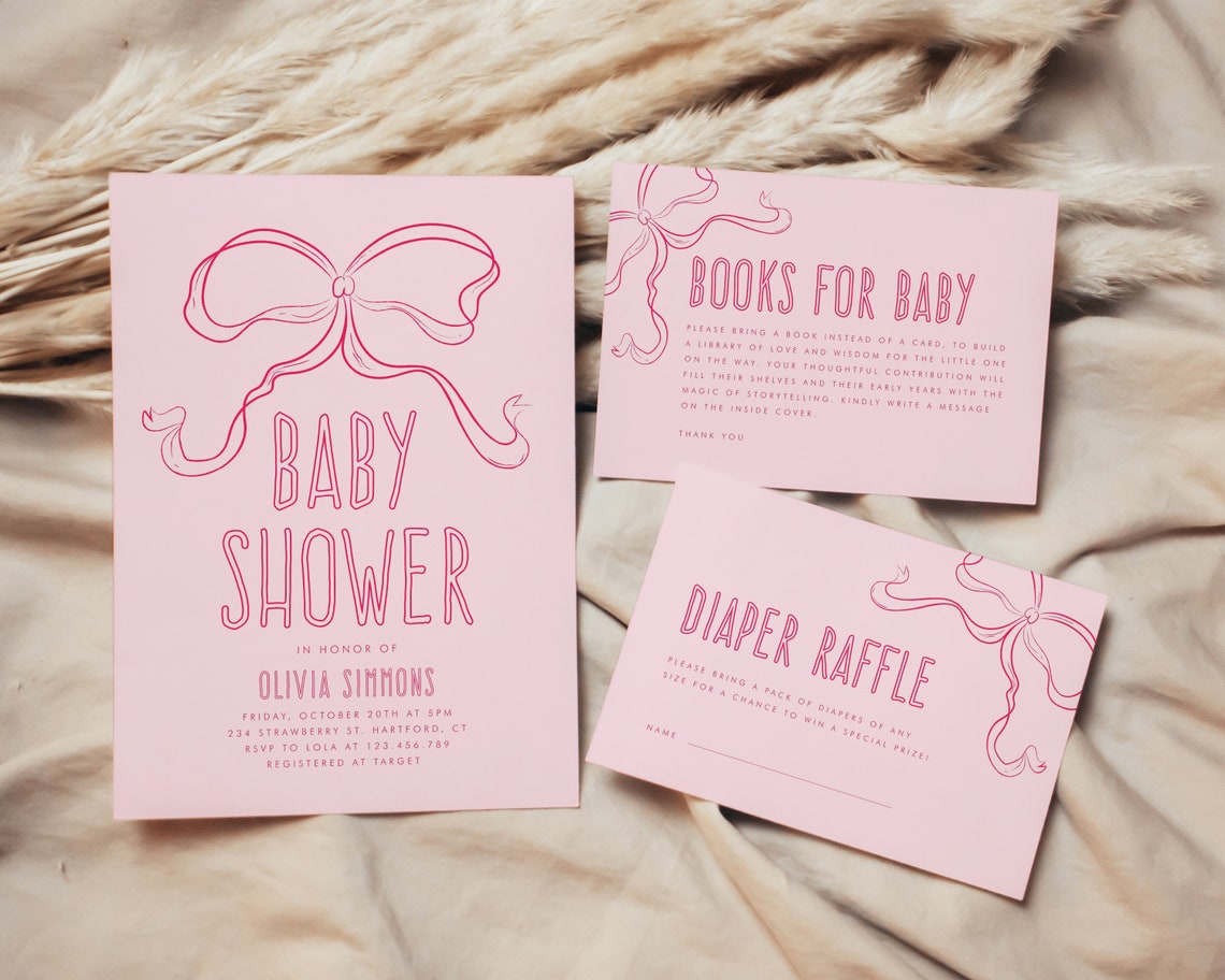 Pink Bow Diaper Raffle Card Template, Baby Shower Printable Card, Hand ...