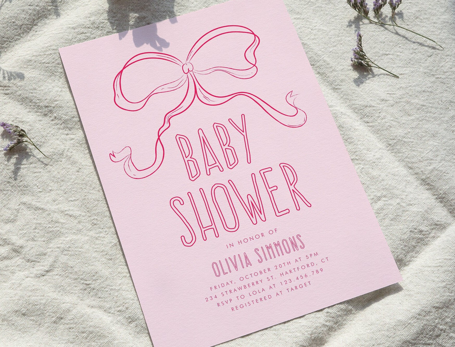Pink Bow Baby Shower Invitation Template, Handwritten Baby Shower ...