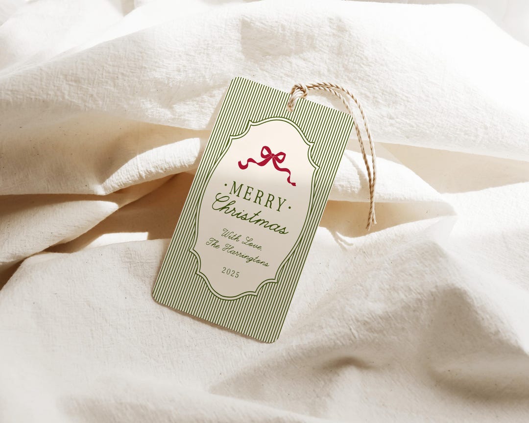 Coquette Christmas Gift Tag Template, Modern Retro Christmas Favor Tag ...