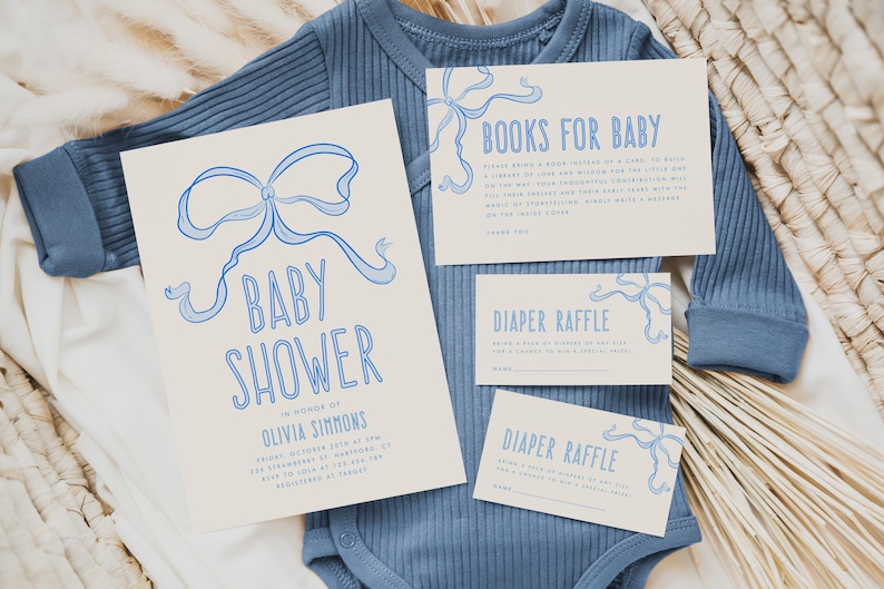 Blue Bow Baby Shower Invitation Set, Hand Drawn Blue Bow Invitation ...
