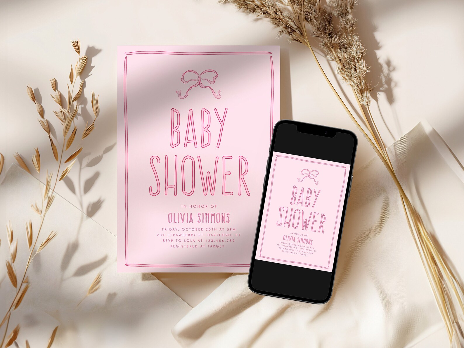 Pink Bow Baby Shower Invitation Template, Handwritten Baby Shower ...