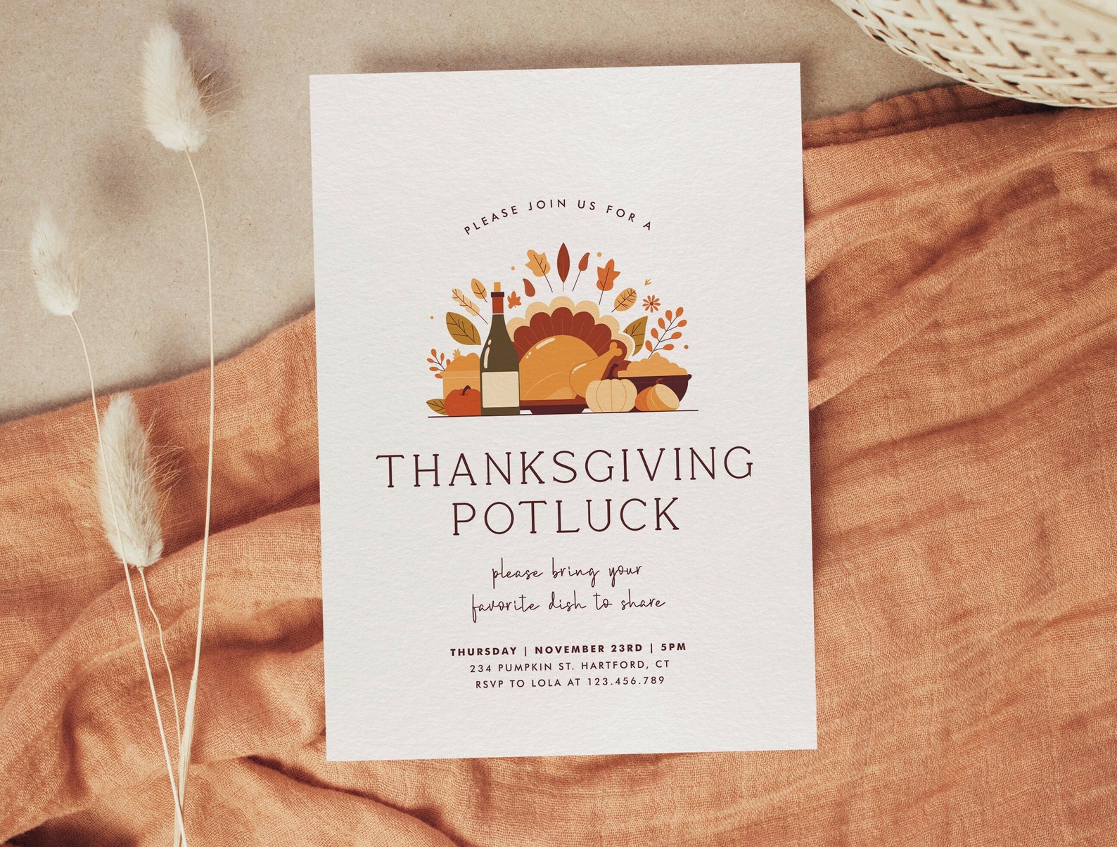 Thanksgiving Potluck Invitation Template, Editable Thanksgiving Potluck ...