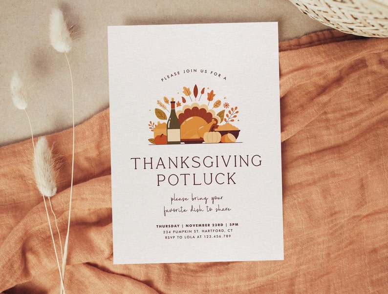 Thanksgiving Potluck Invitation Template, Editable Thanksgiving Potluck ...
