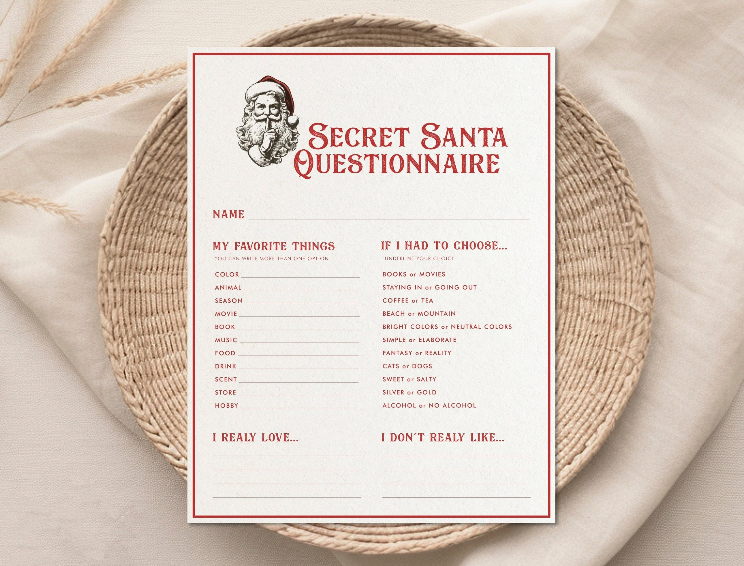 Secret Santa Questionnaire Printable, Secret Santa Form for Work ...