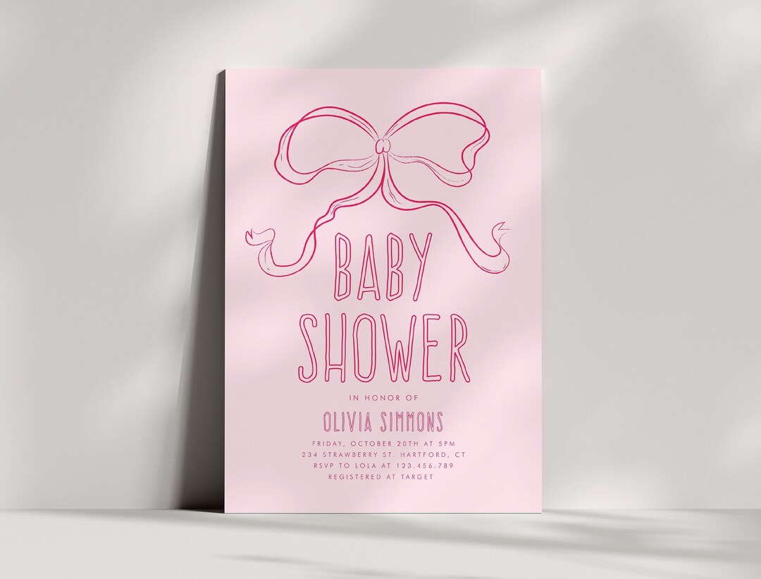 Pink Bow Baby Shower Invitation Template, Handwritten Baby Shower ...