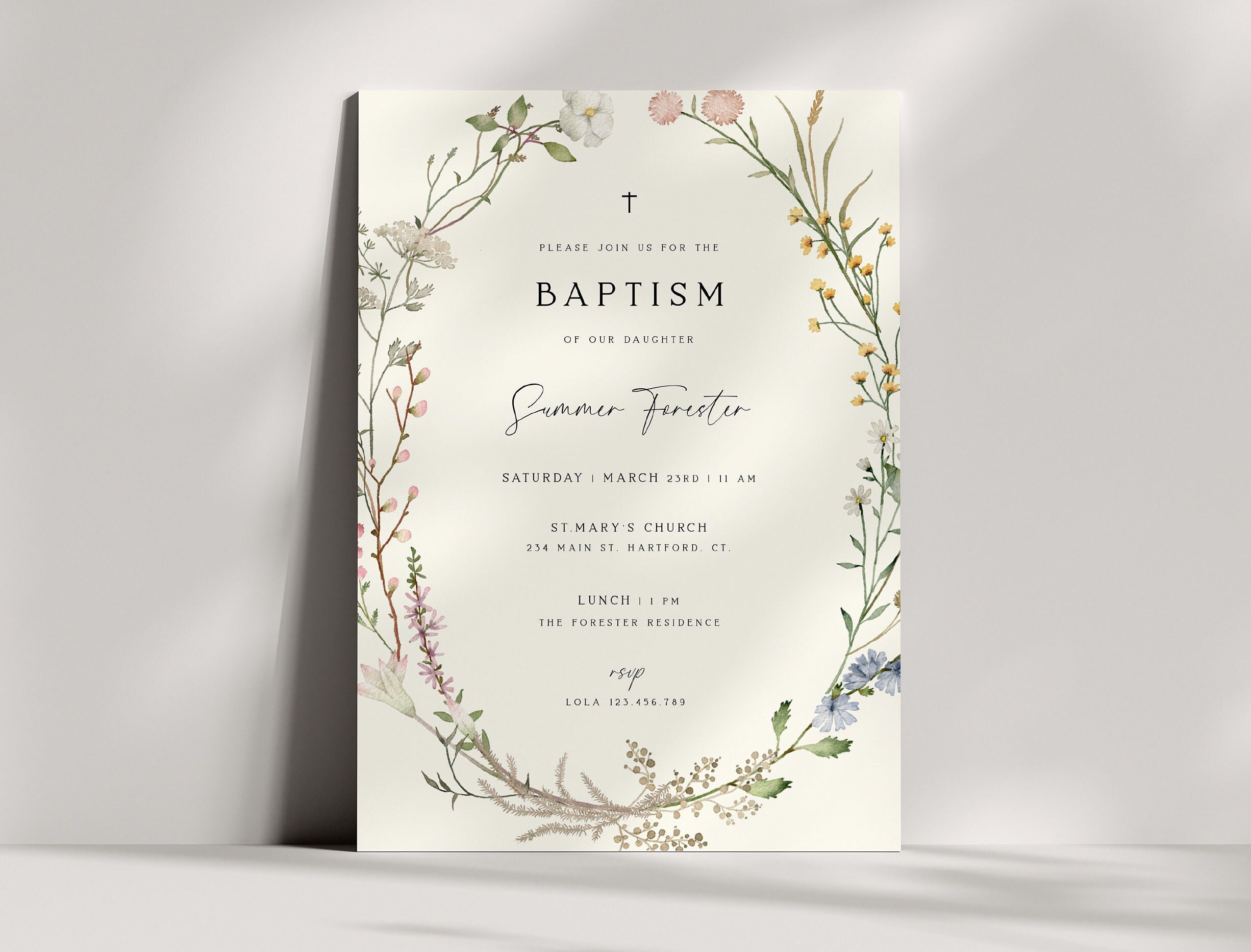 Baptism Invitation Girl Template, Editable Wildflower Baptism ...