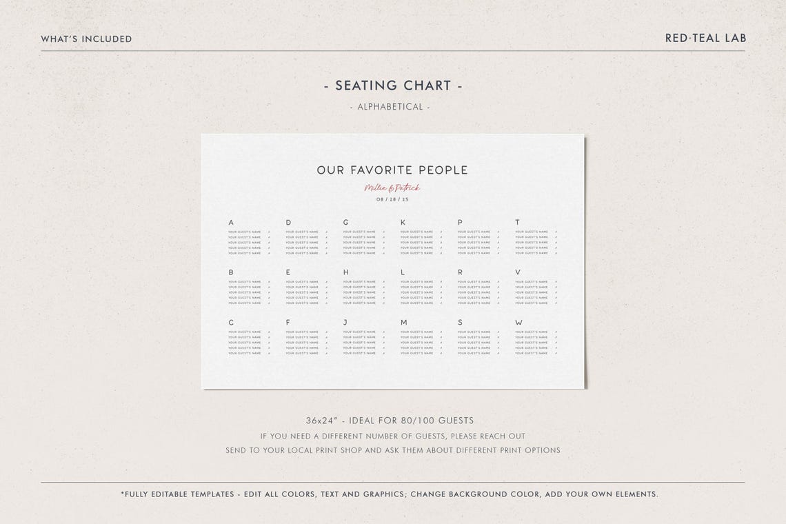 Modern Wedding Seating Chart Template, Alphabetical Seating Chart ...