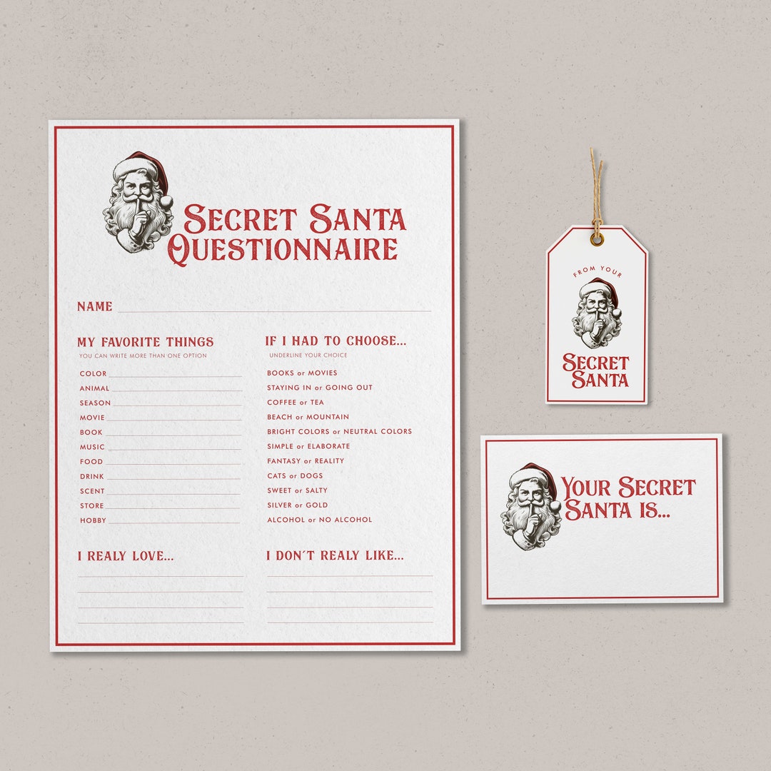 Secret Santa Questionnaire Printable, Secret Santa Template Kit, Secret ...