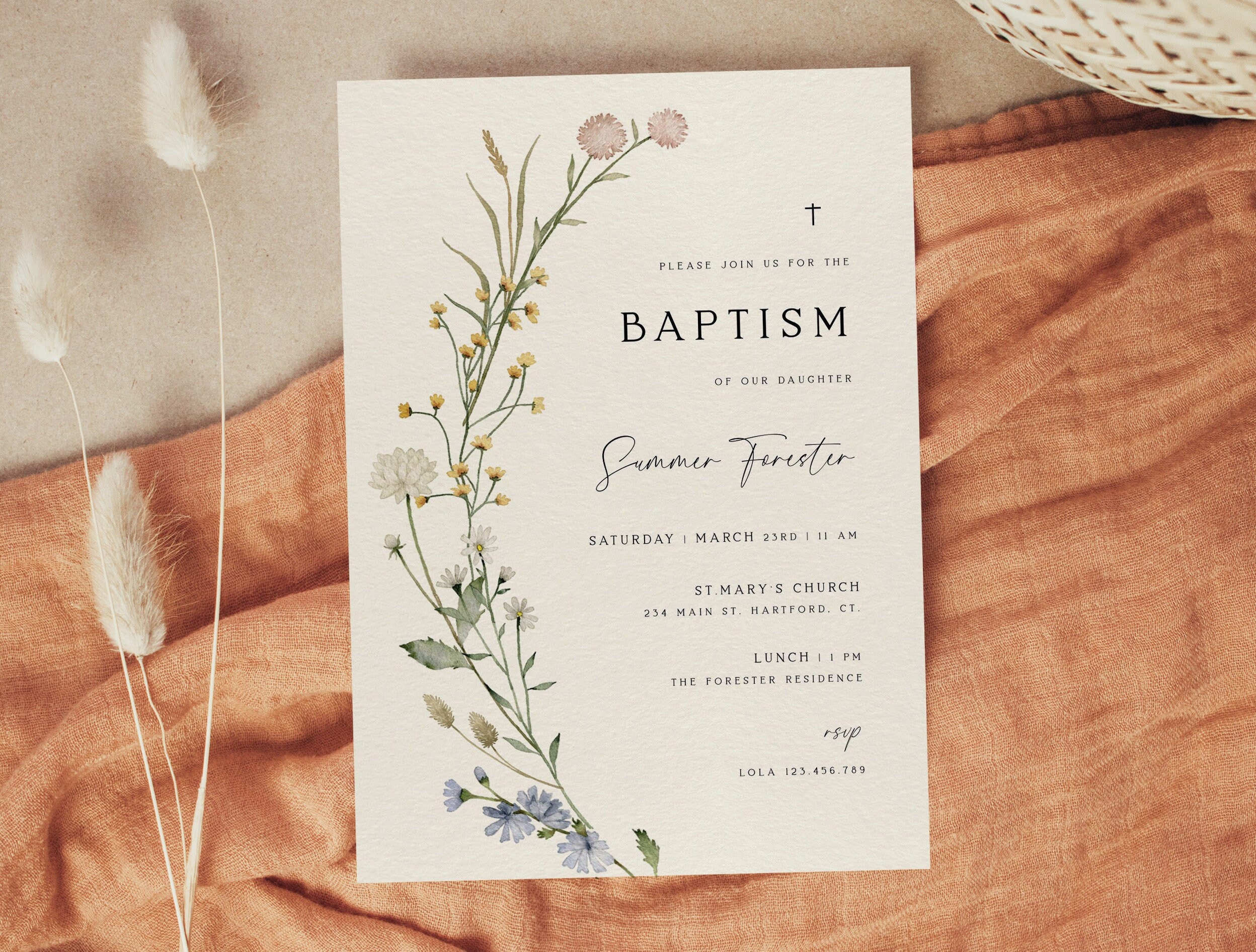 Baptism Invitation Girl Template, Editable Wildflower Baptism ...