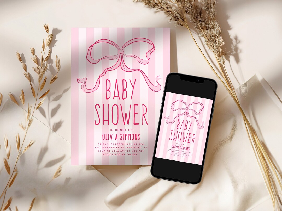 Pink Bow Baby Shower Invitation Template, Handwritten Baby Shower ...