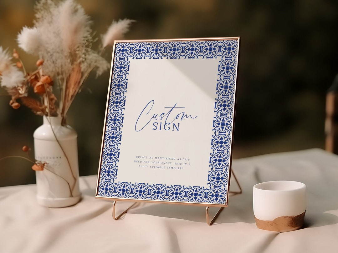 Mediterranean Custom Sign Template, Blue Tile Party Sign, 8x10 Editable ...