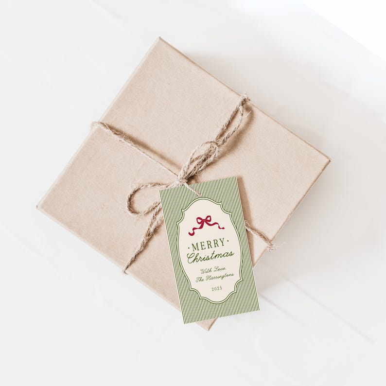 Coquette Christmas Gift Tag Template, Modern Retro Christmas Favor Tag ...