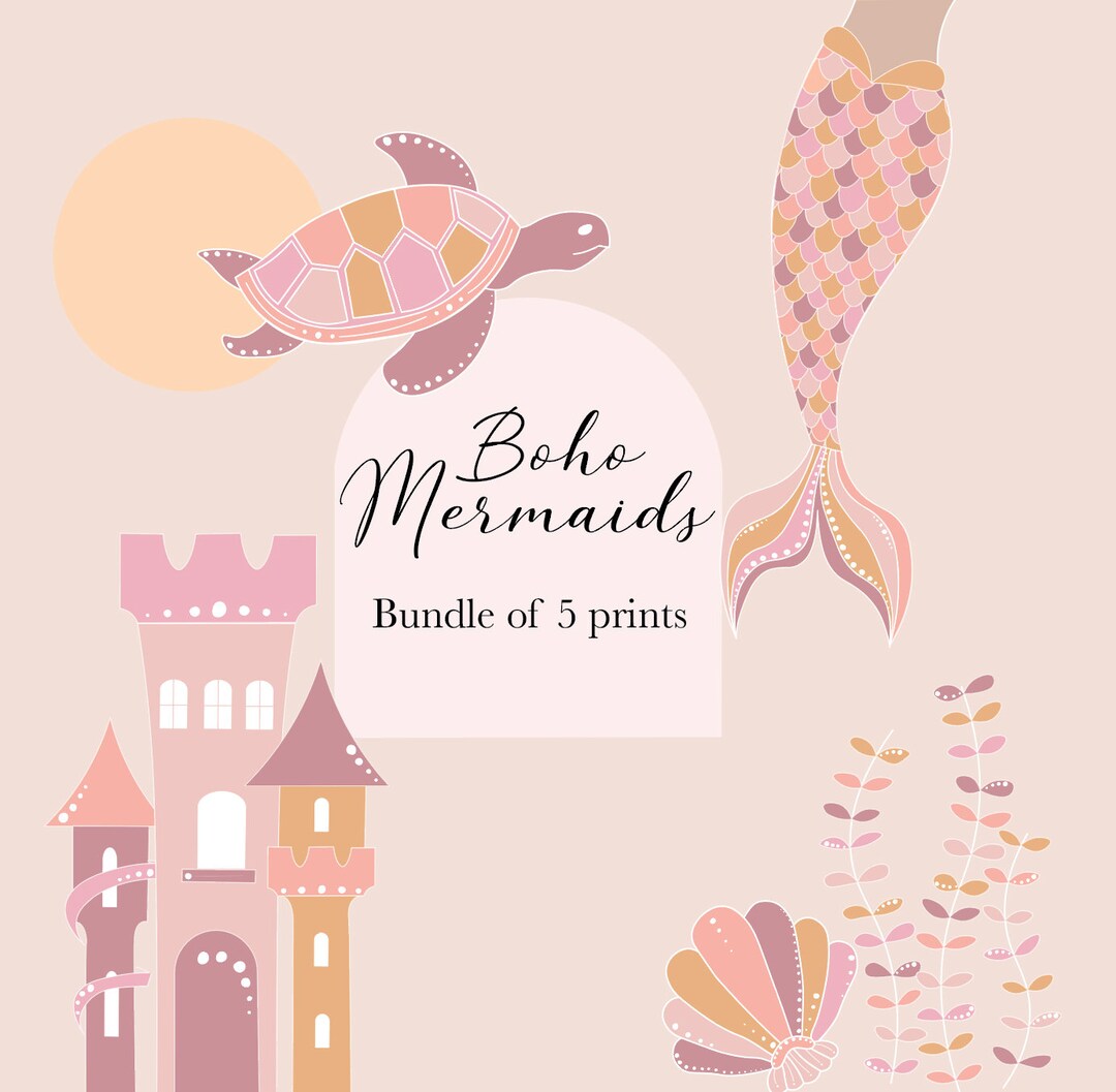 5 Boho Mermaid Prints, Boho Print, Mermaid Print, Under the Sea ...