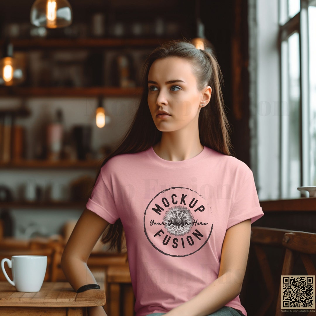 Light Pink Mockup, Brunette Model Mockup, Female T-shirt Mockup, Trendy ...