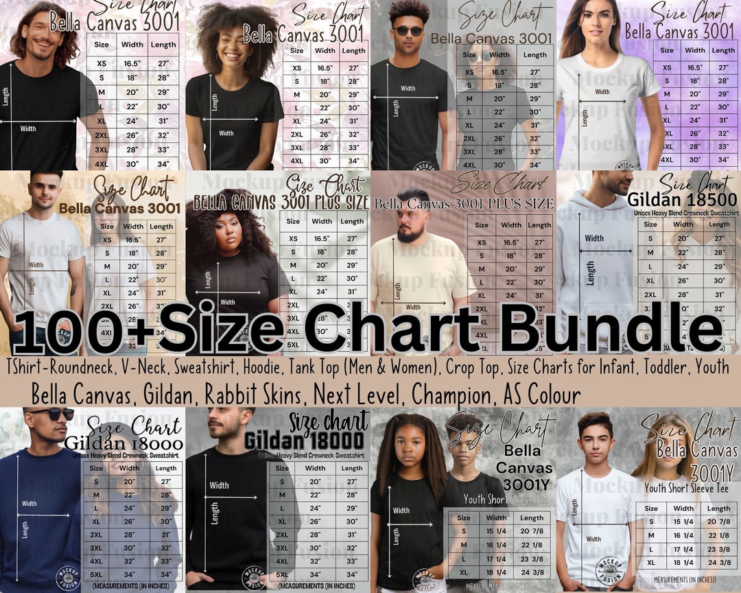Size Chart Mockup Bundle,gildan Size Chart,bella Canvas Sizing Guide ...