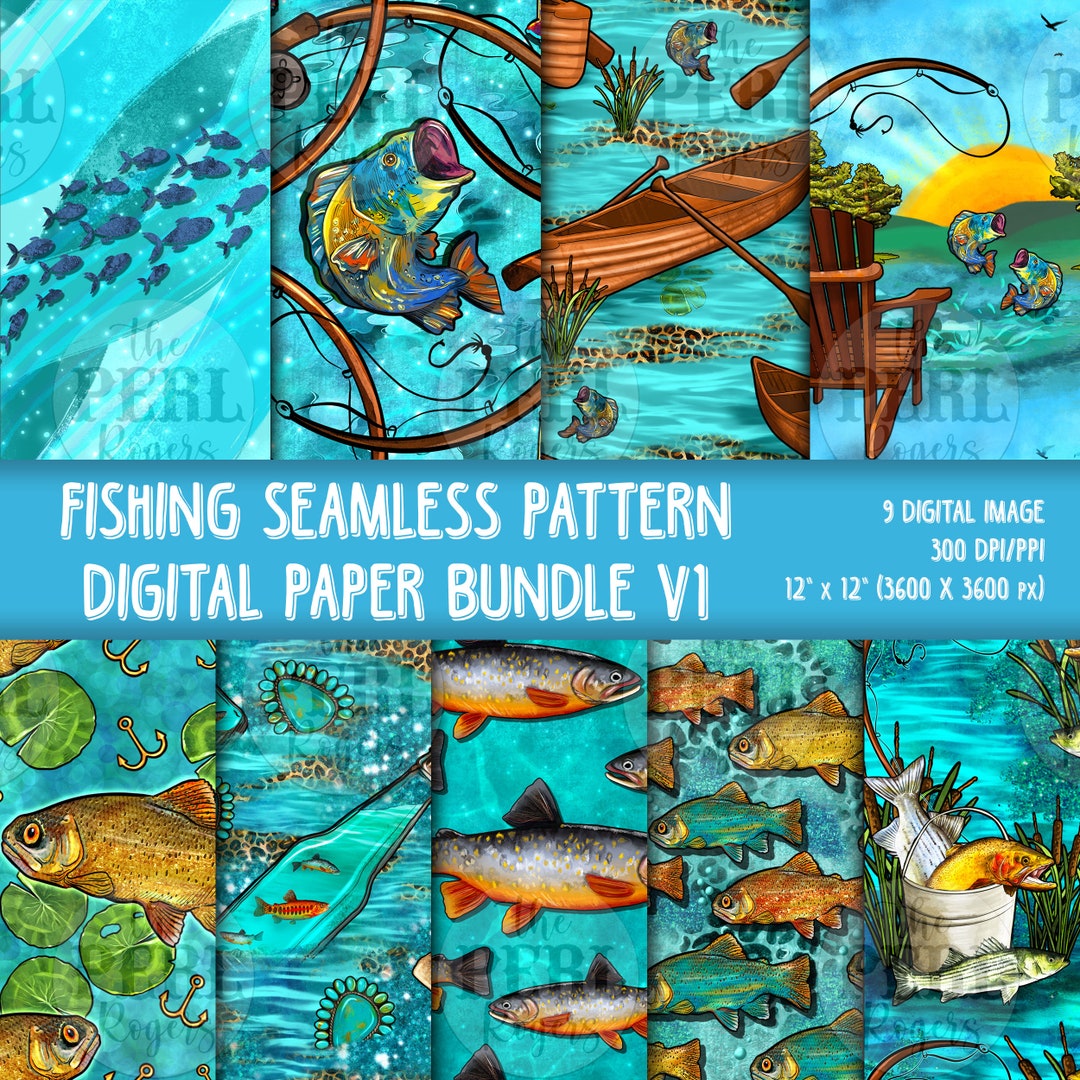 Fishing Seamless Pattern Digital Paper Png Bundle V1,fishing Seamless ...