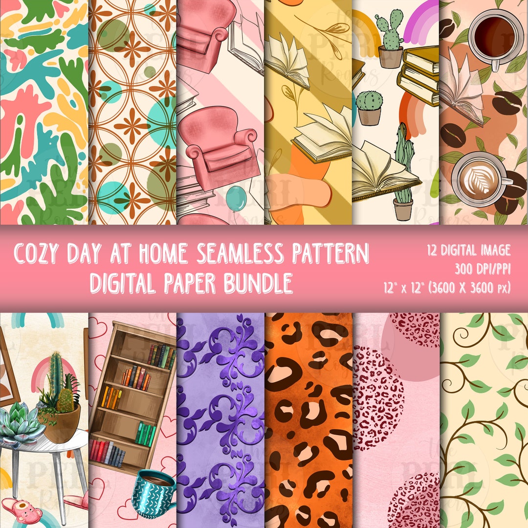 Cozy Day at Home Seamless Pattern Digital Paper Png Bundle, Home ...