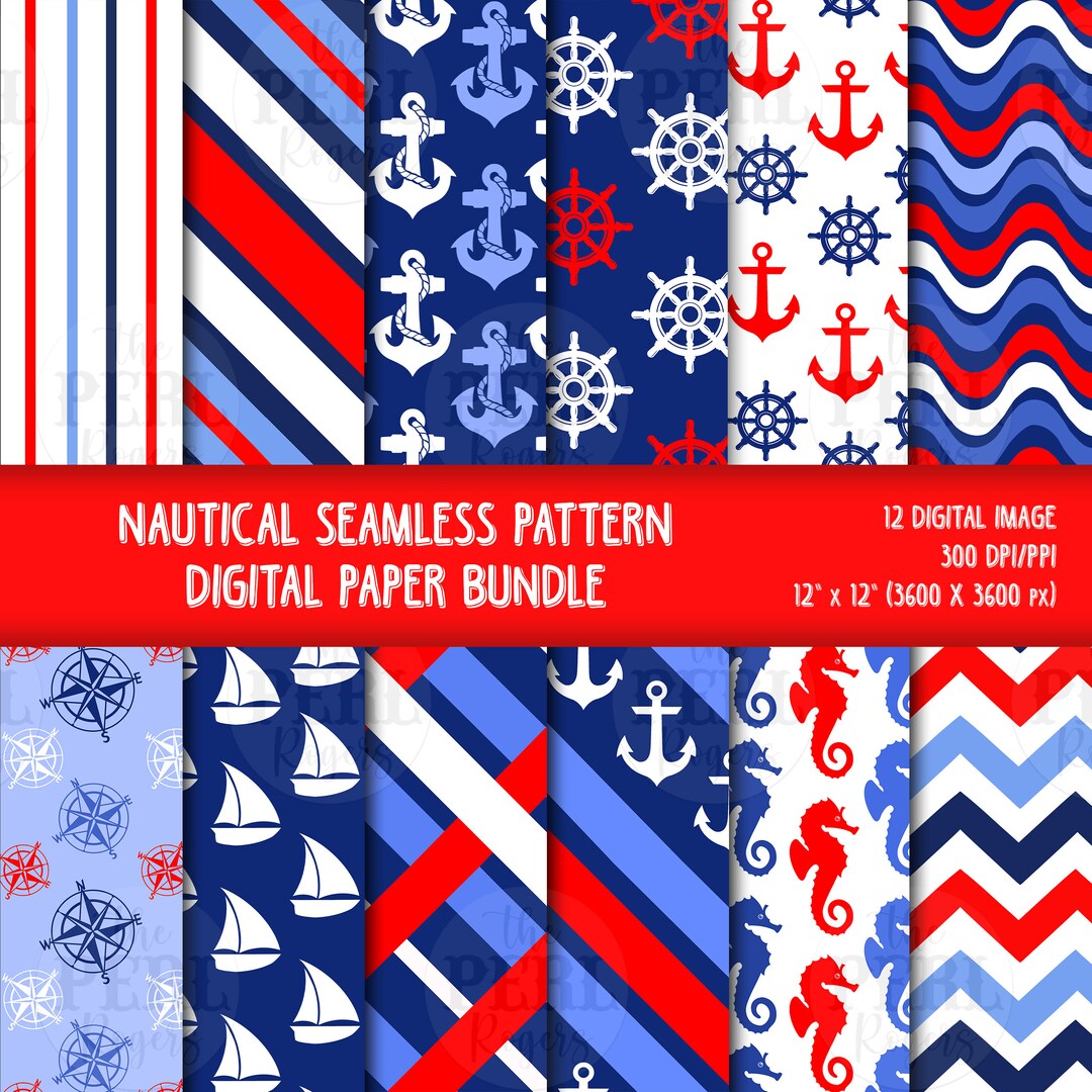 Nautical Seamless Pattern Digital Paper Png Bundle, Nautical Repeating ...