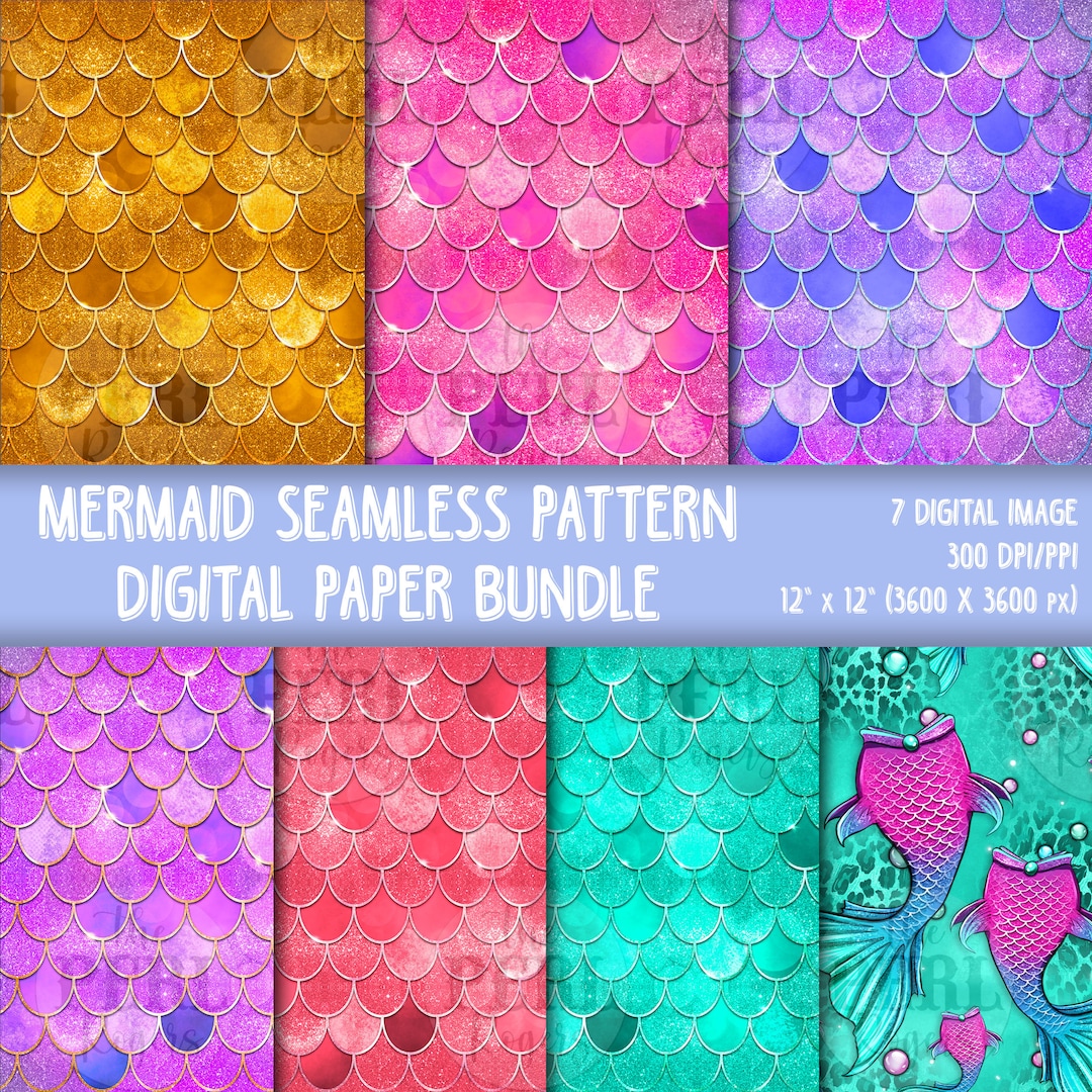 Mermaid Seamless Pattern Digital Paper Png Bundle, Mermaid Repeating ...