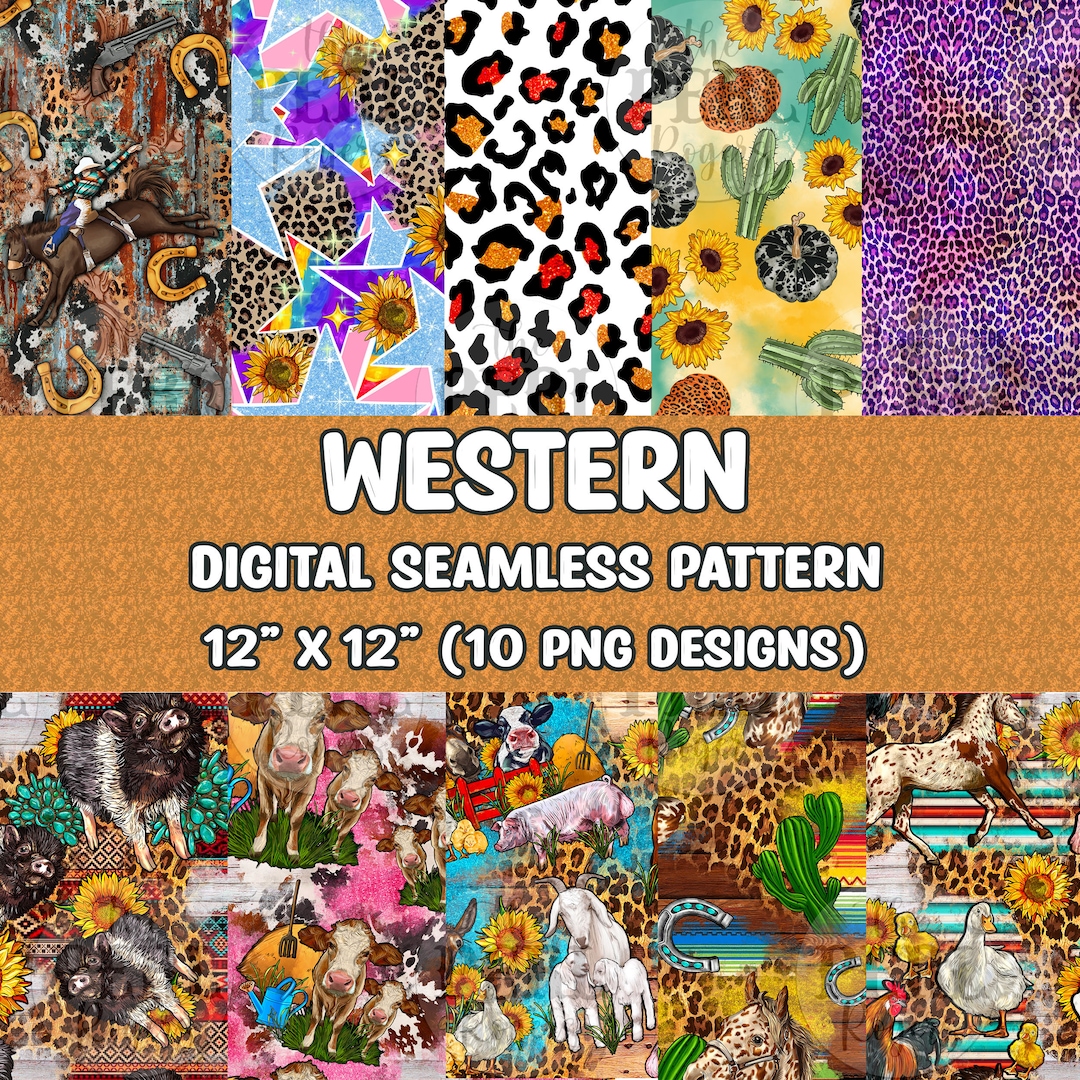 Western Seamless Pattern Digital Paper Png Bundle, Western Repeating ...