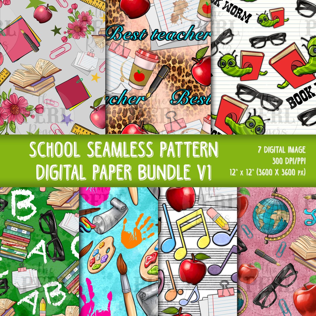 School Seamless Pattern Digital Paper Png Bundle V1, School Seamless ...