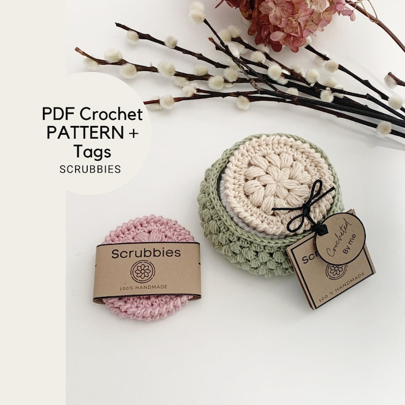 Crochet Pattern + Printable Tags for Scrubbies With Basket & Small Tags ...