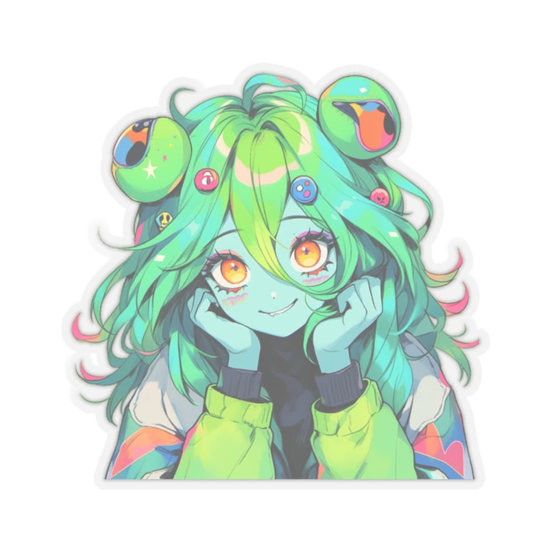 Cute Smiling Green-haired Alien Girl Sticker Cute & Cosmic Kiss Cut ...