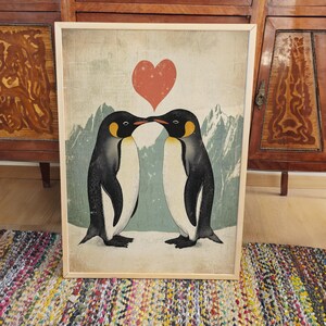Vintage Penguins in Love Wall Art - Romantic Animal Print, Penguin ...