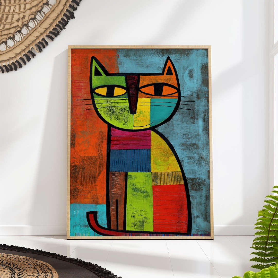 Modern Abstract Cat Art Print – Rainbow Mid-century Decor - Etsy