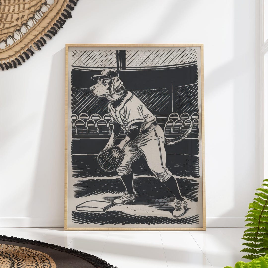 Baseball Dog Catcher Art Print, Whimsical Animal Sports Decor, Black ...