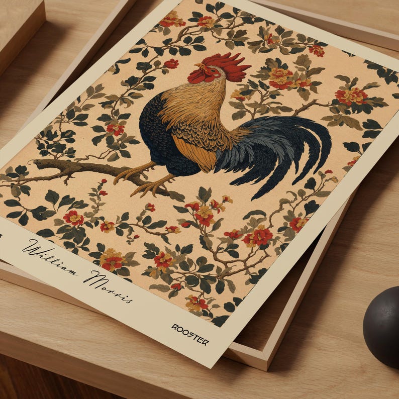 William Morris Rooster Print Vintage Farmhouse Art Floral Bird Wall ...