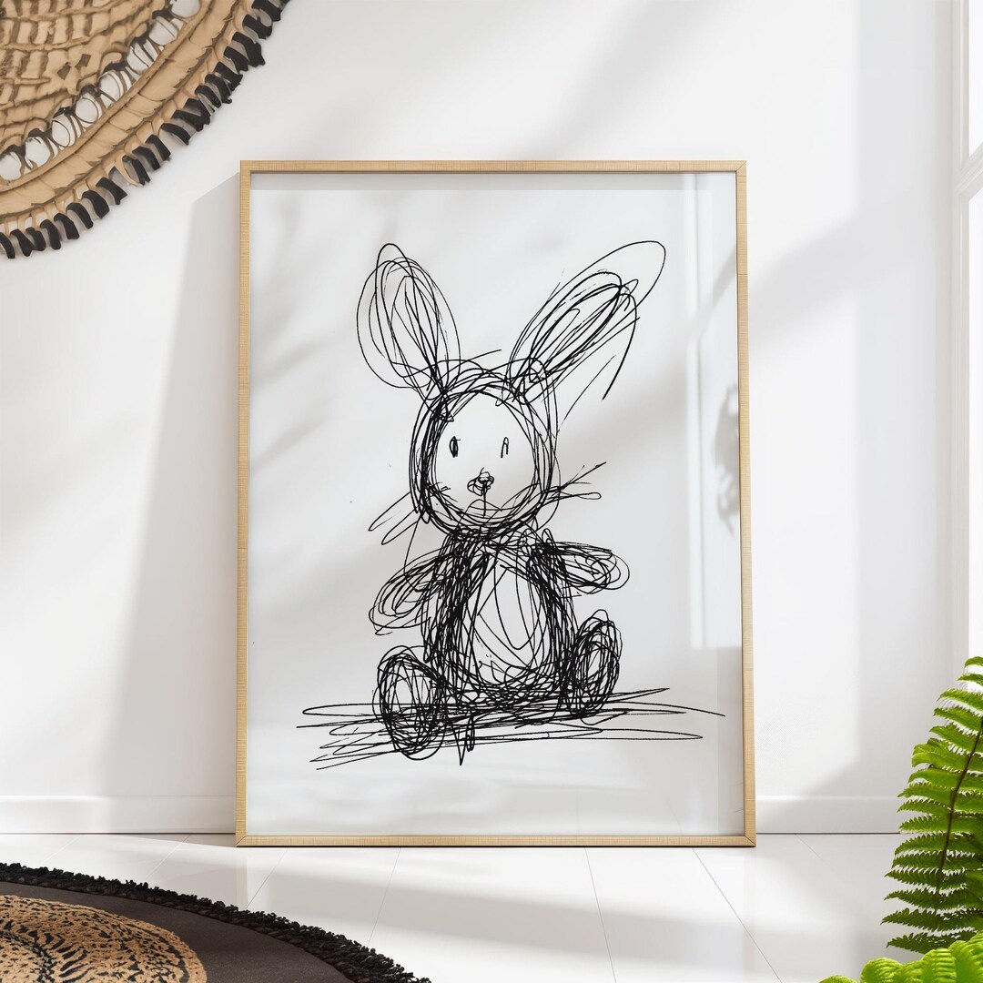 Abstract Scribble Bunny Line Drawing Print Minimal Nursery Wall Art ...