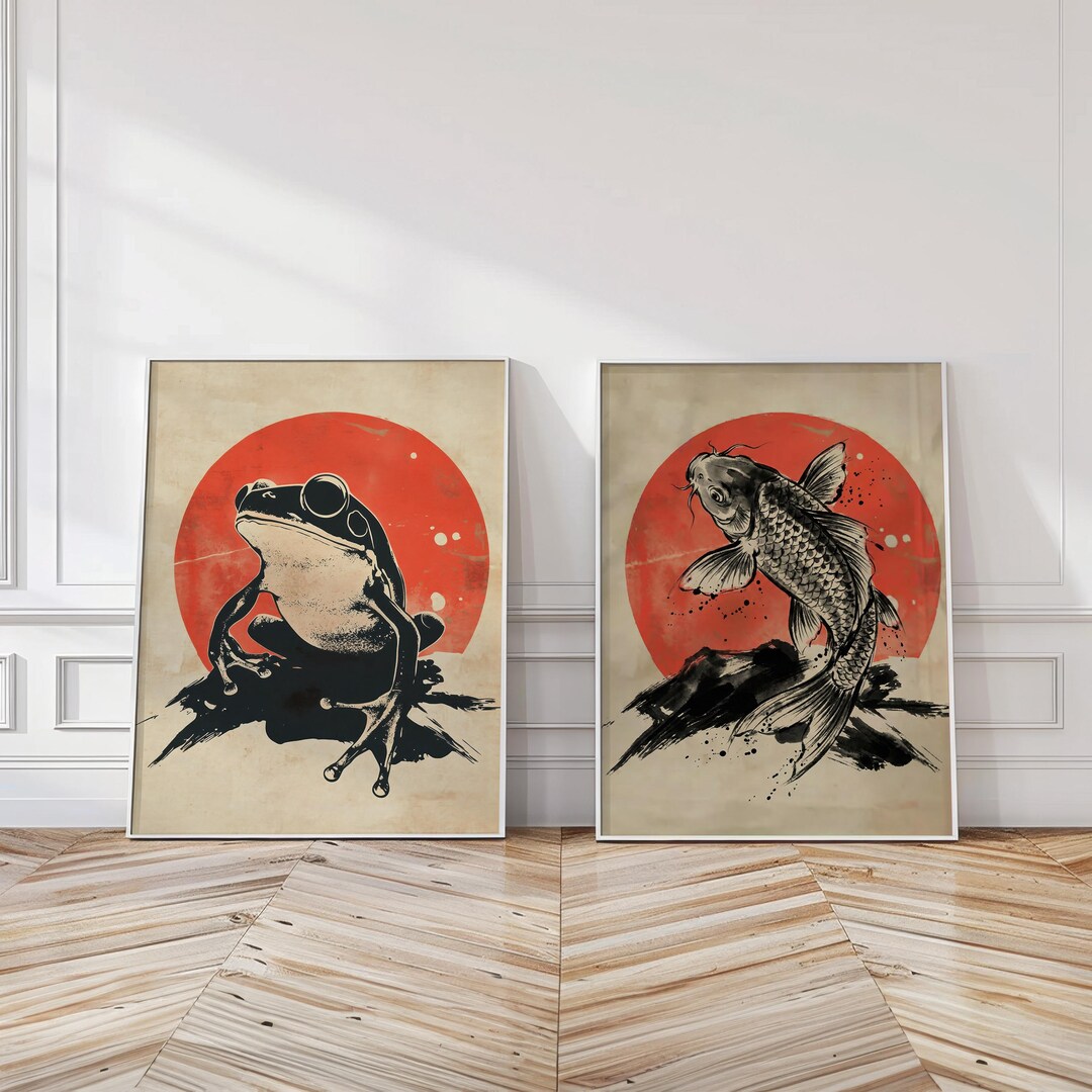 Mid Century Frog and Koi Fish Set of 2 Prints, Japanese Ink Wall Art - Etsy