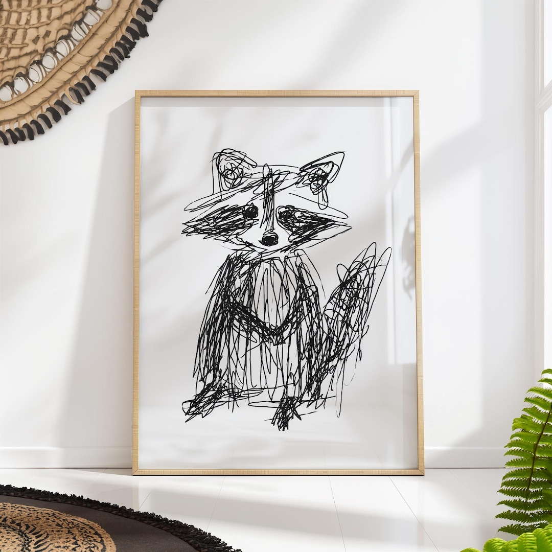Raccoon Sketch Wall Art Print Playful Minimal Nursery Decor Modern ...