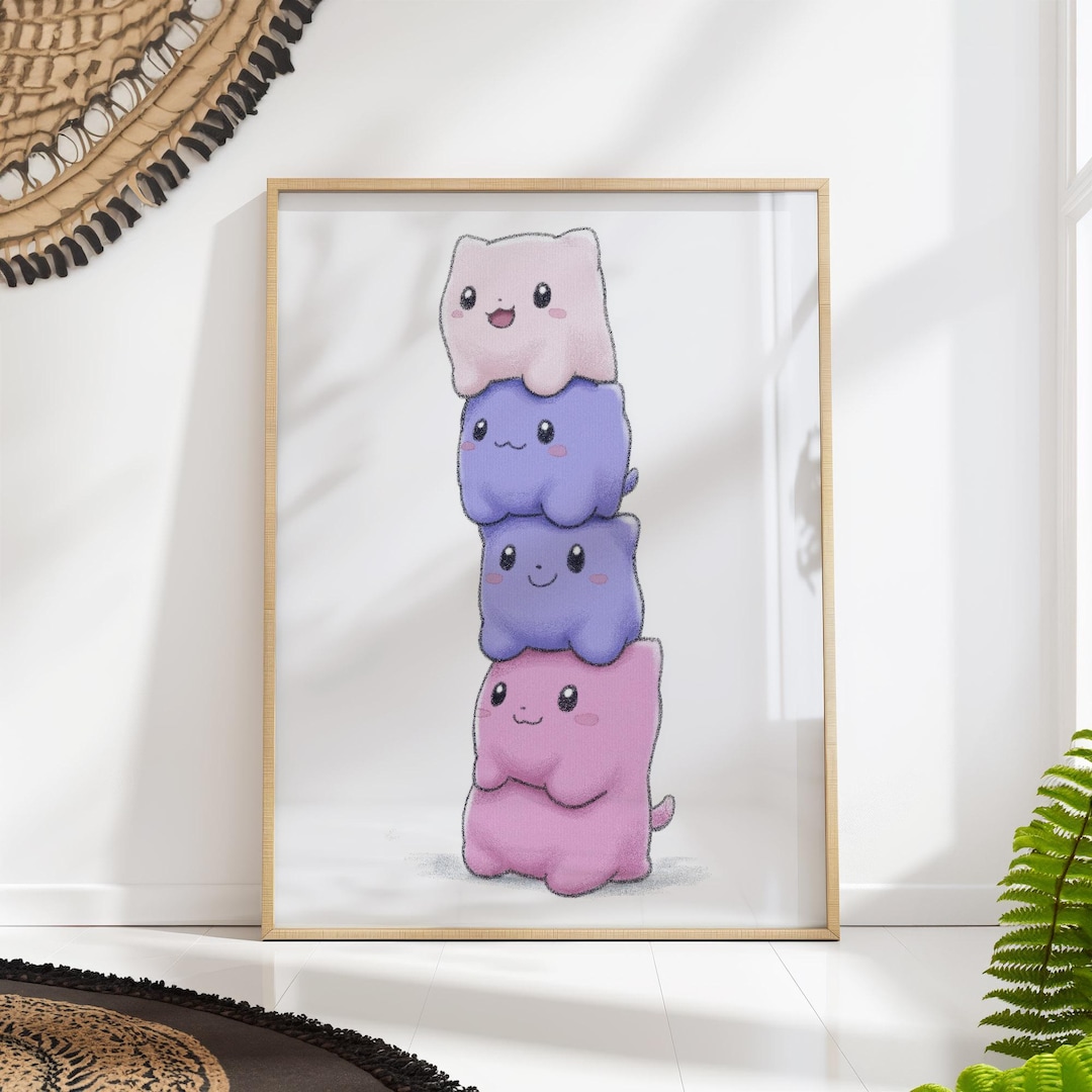 Kawaii Cat Stack Poster, Cute Pastel Kitty Print, Whimsical Animal Wall ...
