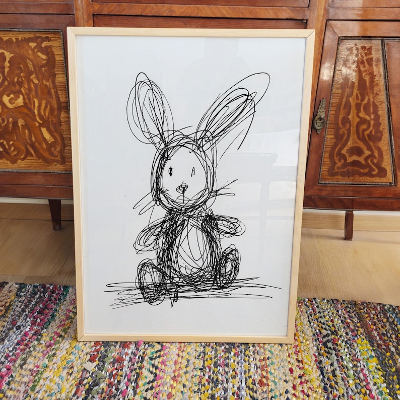 Abstract Scribble Bunny Line Drawing Print Minimal Nursery Wall Art ...