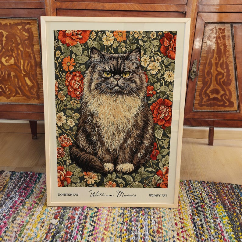 William Morris Grumpy Cat Art Print Floral Poster Vintage Animal Decor ...