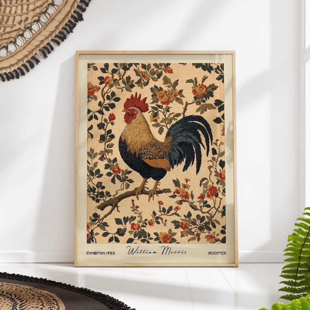 William Morris Rooster Print Vintage Farmhouse Art Floral Bird Wall ...
