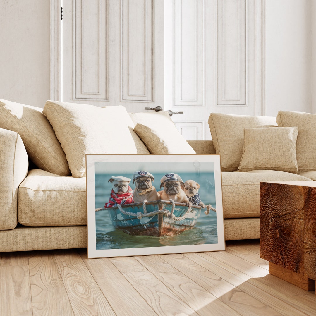 Pugs on a Boat Art Print Nautical Dog Poster Cute Animal Wall Art Gift ...