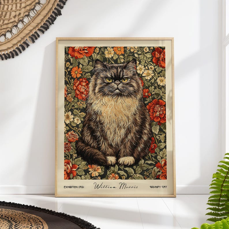William Morris Grumpy Cat Art Print Floral Poster Vintage Animal Decor ...