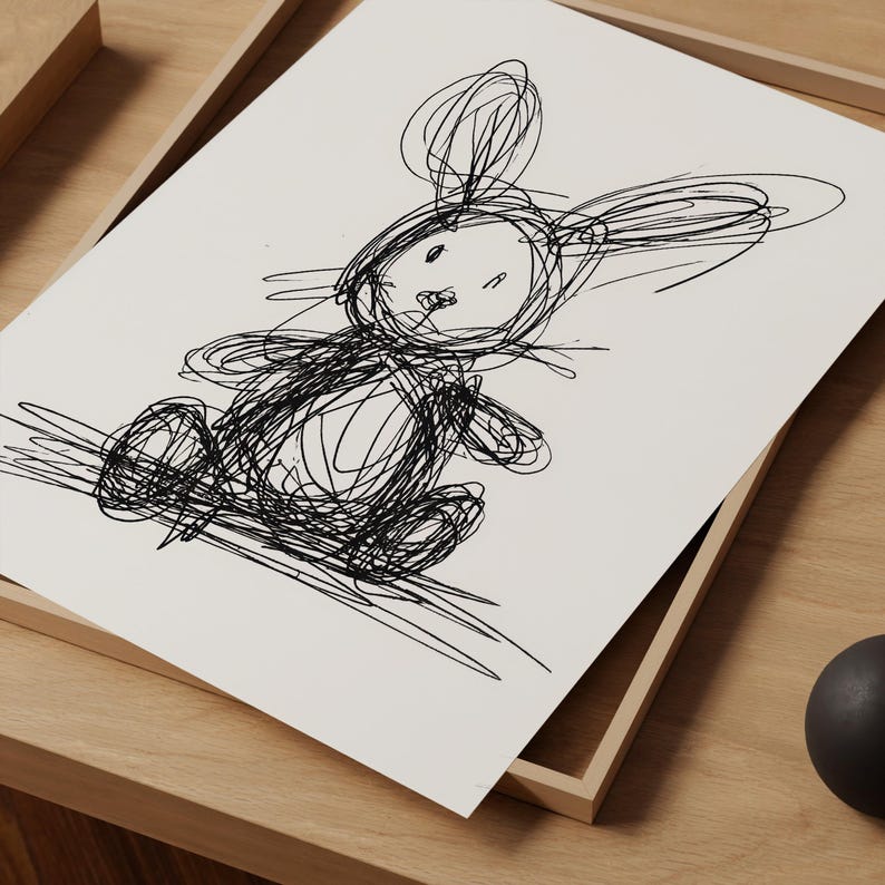 Abstract Scribble Bunny Line Drawing Print Minimal Nursery Wall Art ...