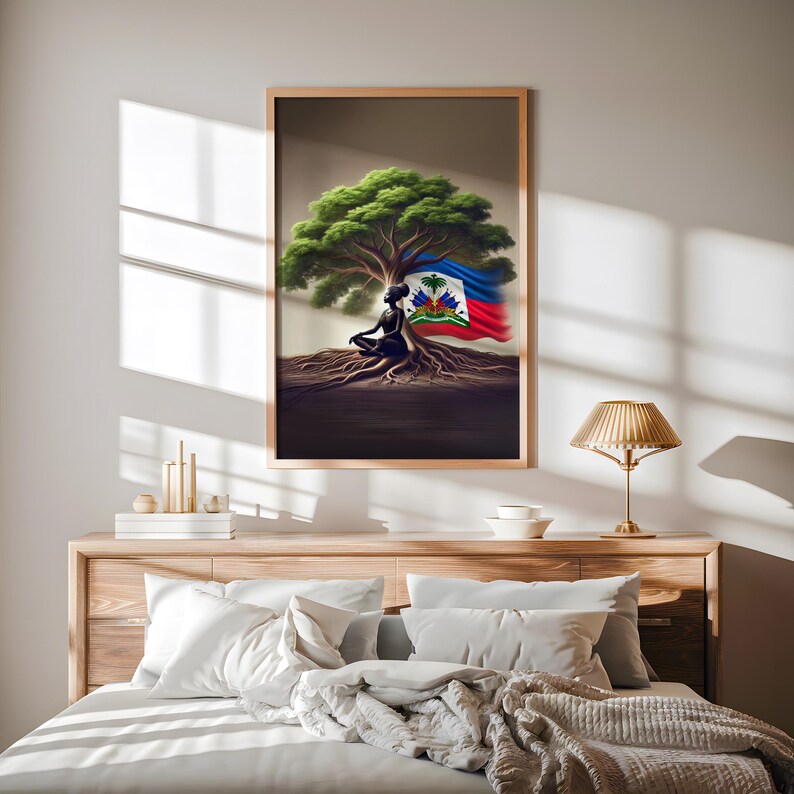 Haitian Flag Heritage Art Print | Woman Under Tree With Haitian Flag ...