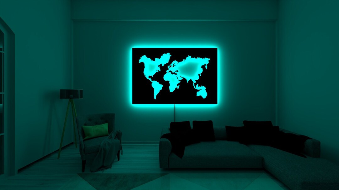 World Map Lighted up Wall Sign, RGB Led Lights, Wood Wall Decor, Home ...