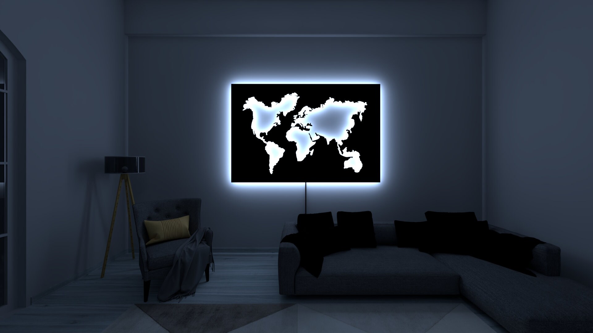World Map Lighted up Wall Sign, RGB Led Lights, Wood Wall Decor, Home ...