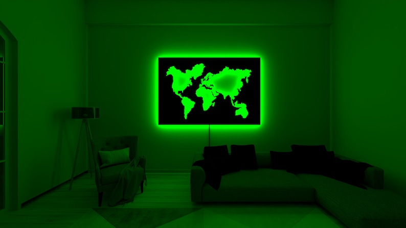 World Map Lighted up Wall Sign, RGB Led Lights, Wood Wall Decor, Home Design, Custom Wall Sign ...