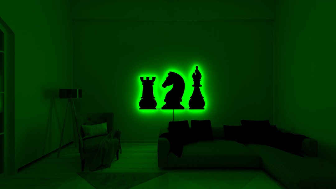 Chess Wall Decor, Custom Chess Wood Wall Art LED Light, Chess LED Wall ...