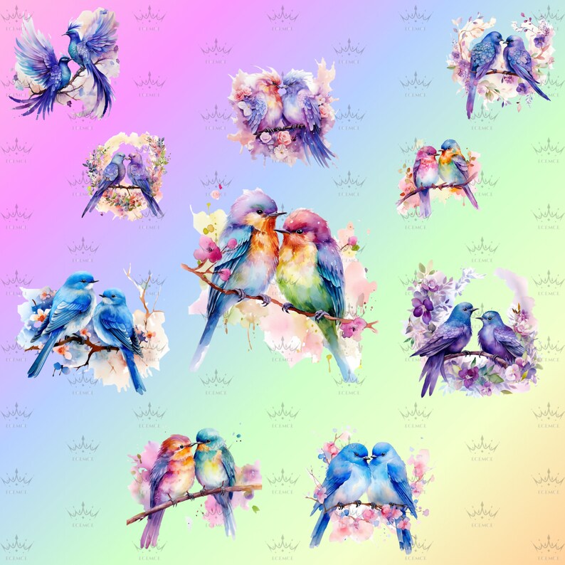 Birds in Love Clip Art, 10 PNG/JPG, Transparent Background, Digital ...