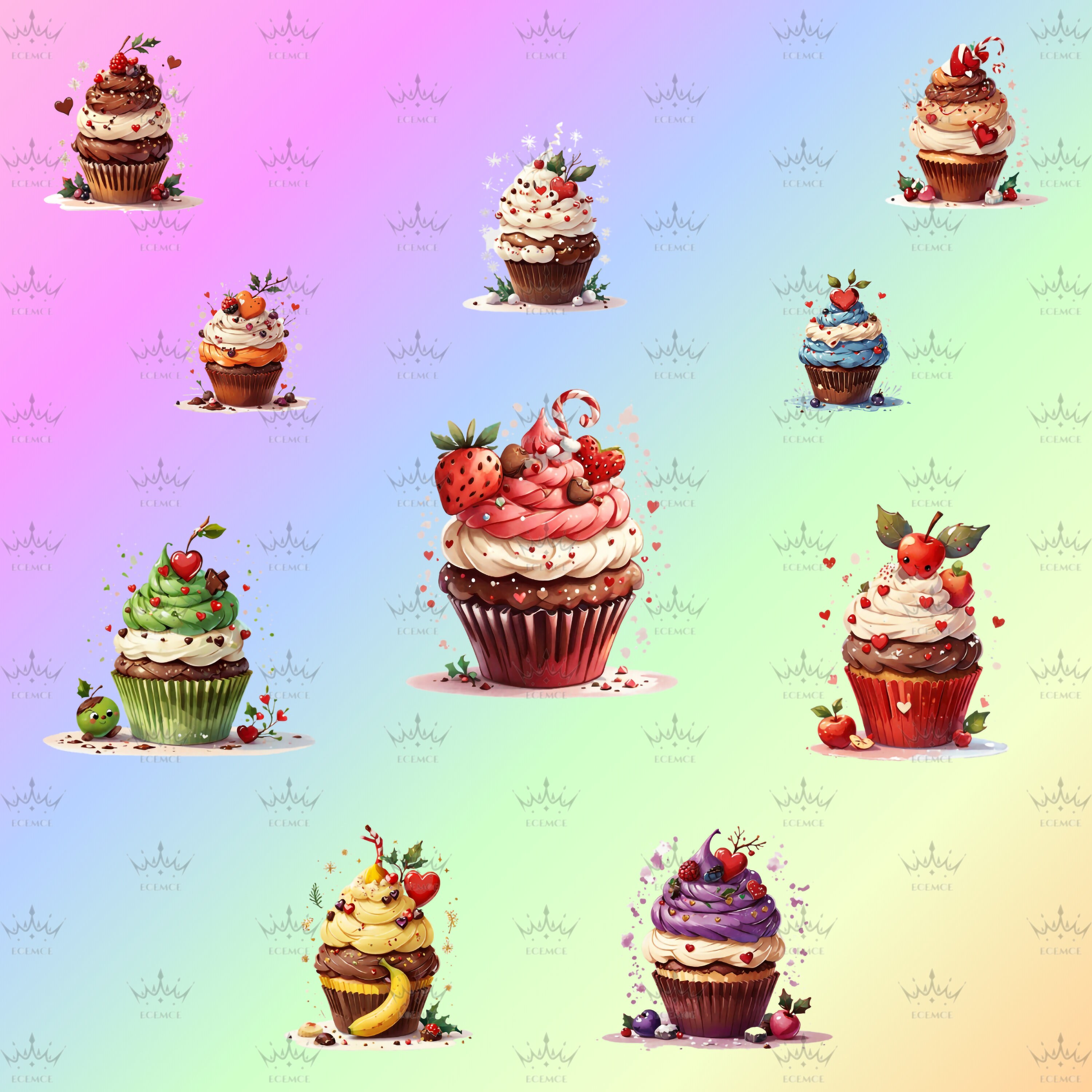 Colourful Cupcakes Clip Art, 10 PNG/JPG, Transparent Background ...