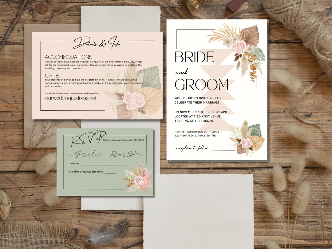 Western Boho Wedding Invitation Template, Detail Card Template, RSVP ...