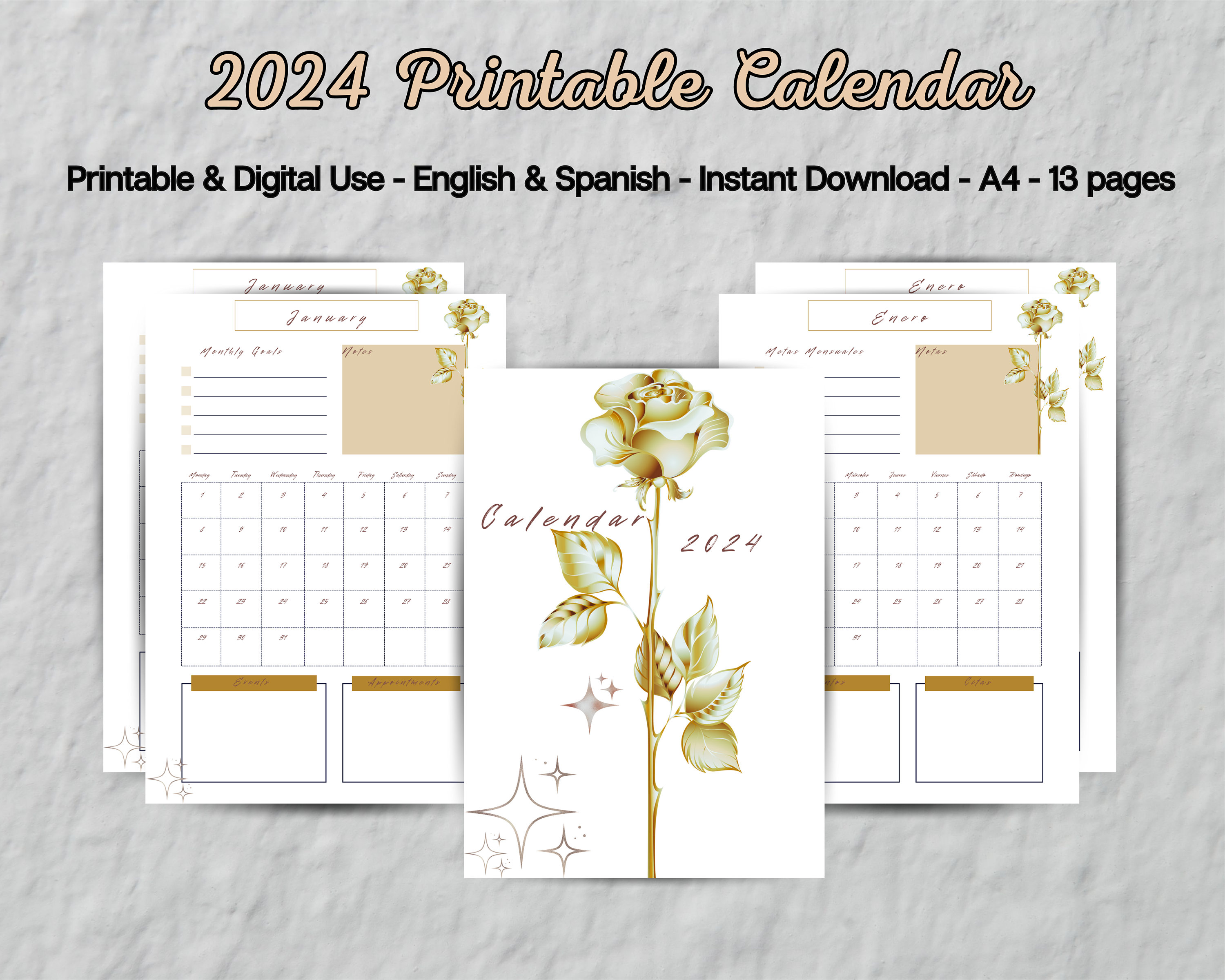 2024 Gold Rose Calendar Aesthetic Calendar Office Agenda - Etsy
